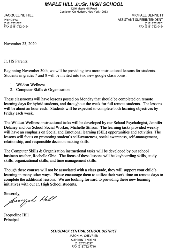 Letter for Grades 7/8 | Schodack Central School District