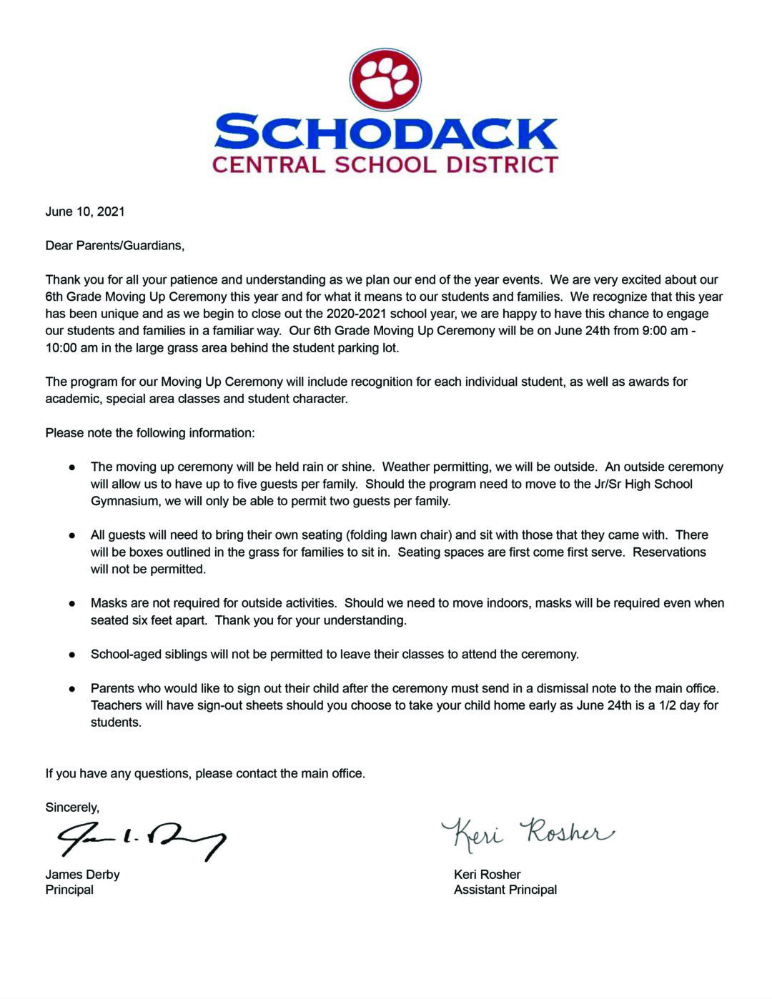 Grade 6 Moving Up Letter | Schodack Central School District