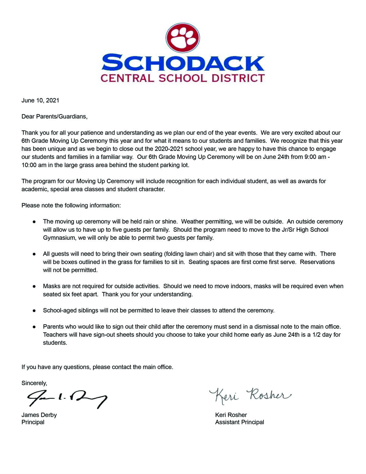 Grade 6 Moving Up Letter | Schodack Central School District