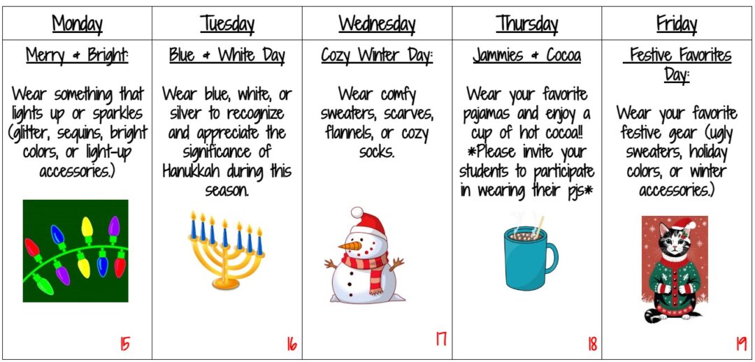 CES Holiday Spirit Week is Dec. 15–19 | Schodack Central School District